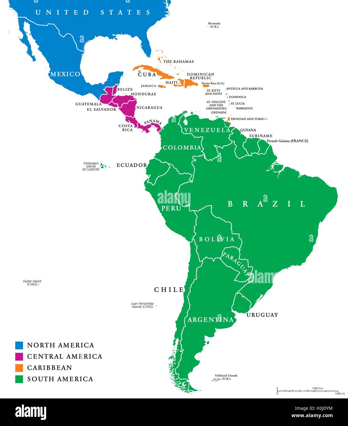 Lateinamerika Regionen politische Karte. Die Subregionen Karibik, Nord ...