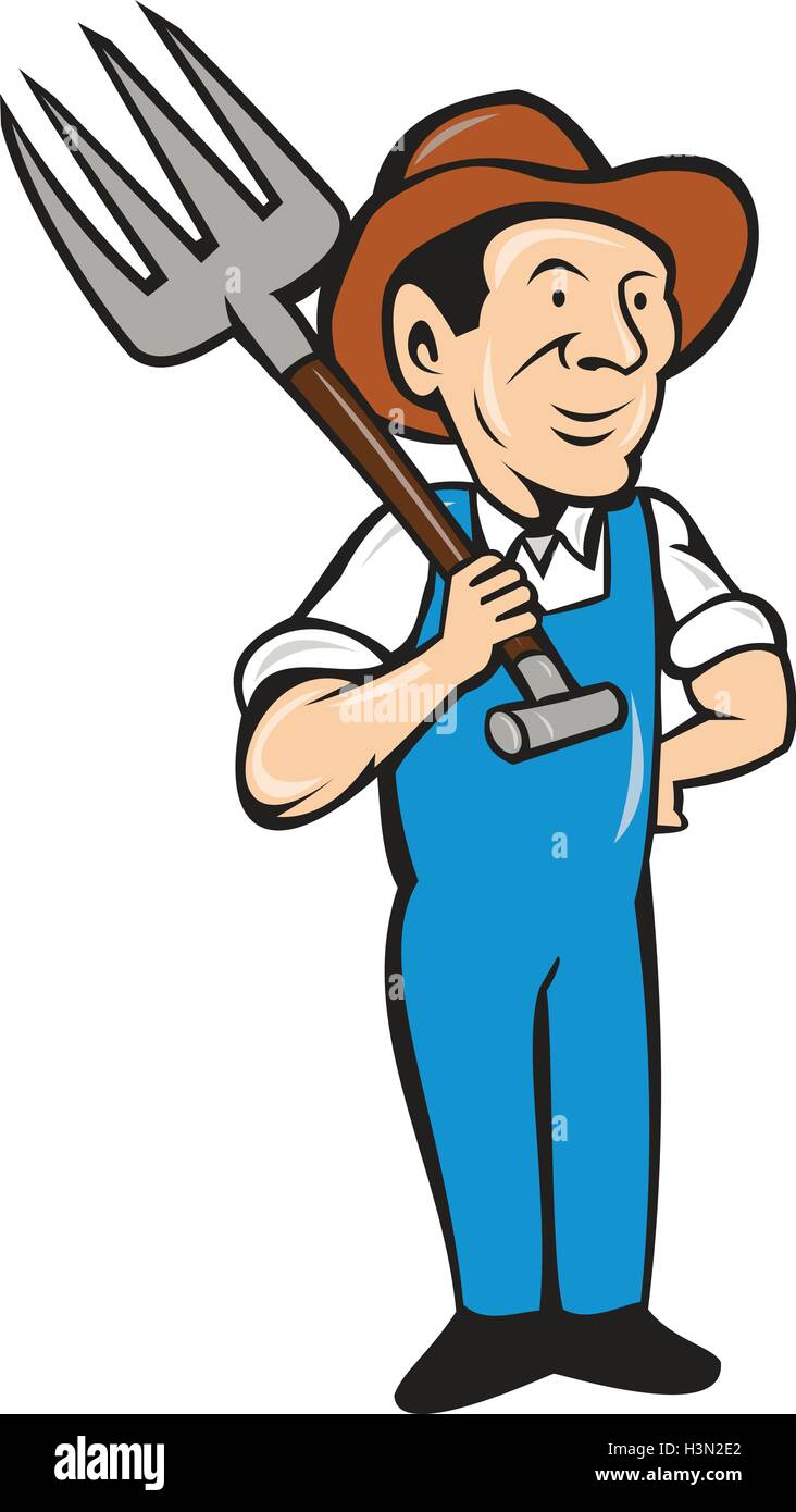 Illustration der Bio-Bauer Holding Heugabel auf Schulter Blick zur ...