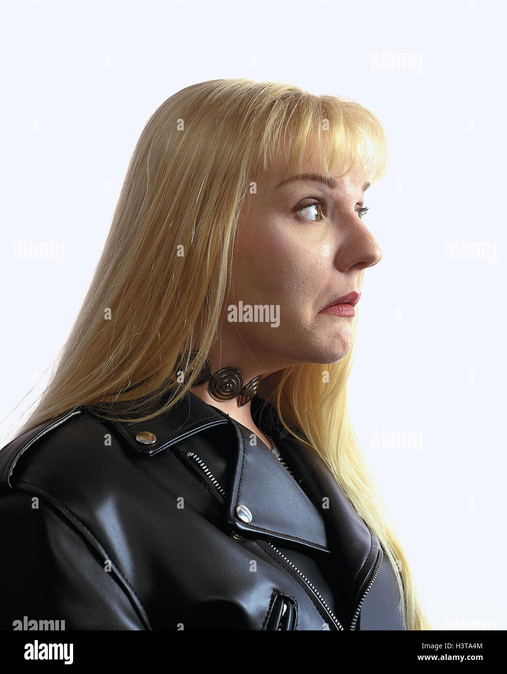 Frau, Ball Lederjacke, Mimik, entsetzt, Porträt, innen, Haare, blond ...