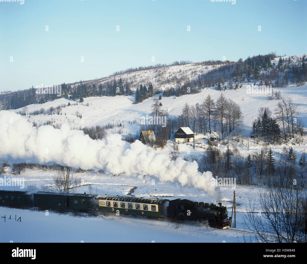 Eisenbahn, Dampflok, Winter, Nostalgie, Flugbahn, Eisenbahnlinie ...