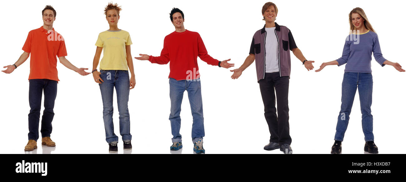 Jugendliche, Ständer, Geste, Gruppenbild Teenager, Jugendliche, jungen ...
