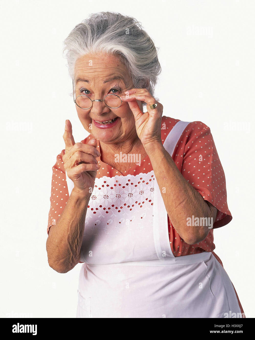 Senior, Schürze, Geste, Warnung, freundlich, halbe Porträt, Chef, innen ...