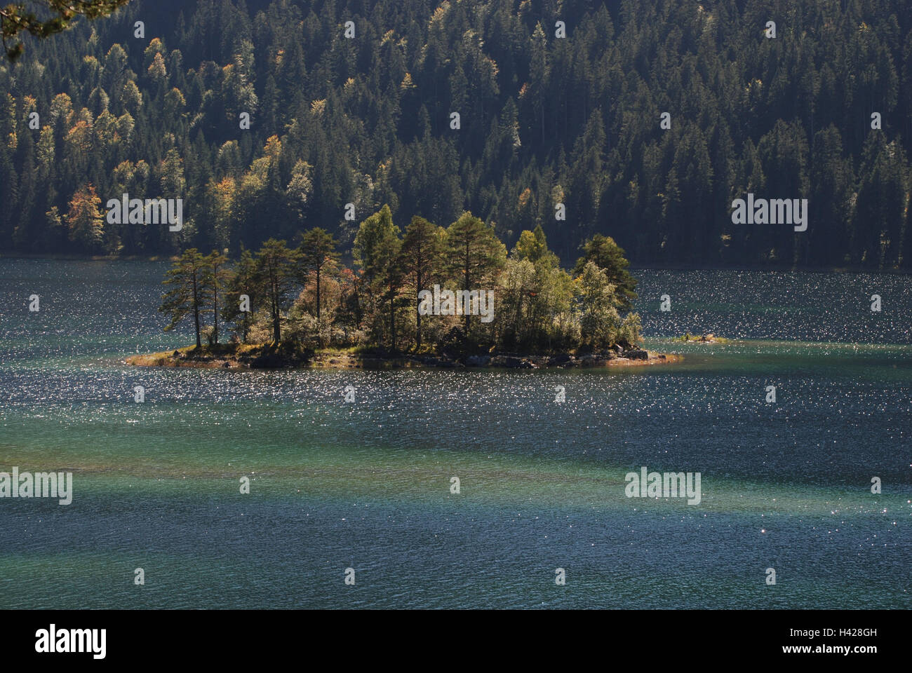 Deutschland, Bayern, Eibsee, Insel, Bäume, Oberbayern, Werdenfels, See ...