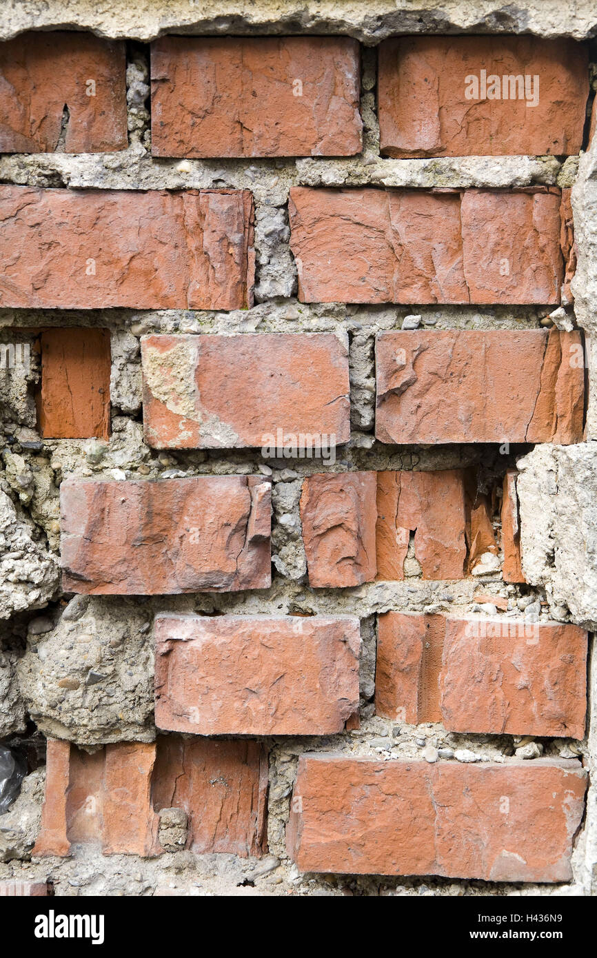 Ziegel-Mauerwerk, gebrochen, großaufnahme, Mauer, Wand, rote Ziegel ...
