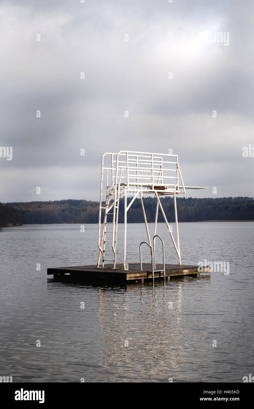 Sprungturm, Floß, Himmel, trübe, Freibad, Schwimmbad, Badesee, Turm ...