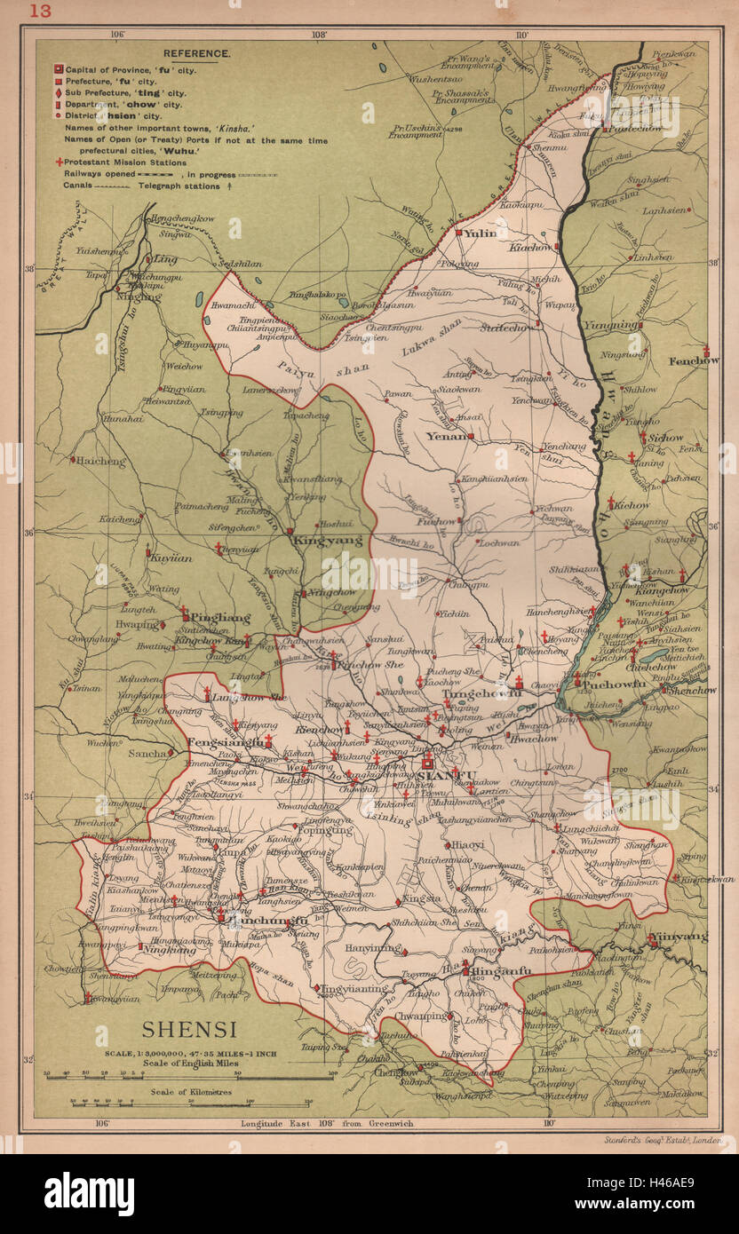 Shensi (Shaanxi) China Province Karte. Sianfu (Xian). STANFORD 1908 alt ...