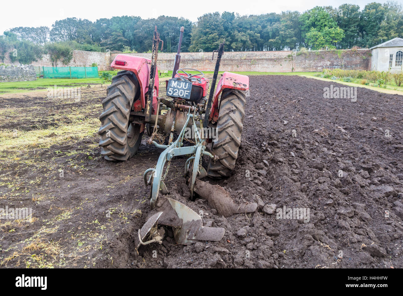 Alter Massey Ferguson 135 Traktor mit Pflug hielt nach dem Pflügen ein ...