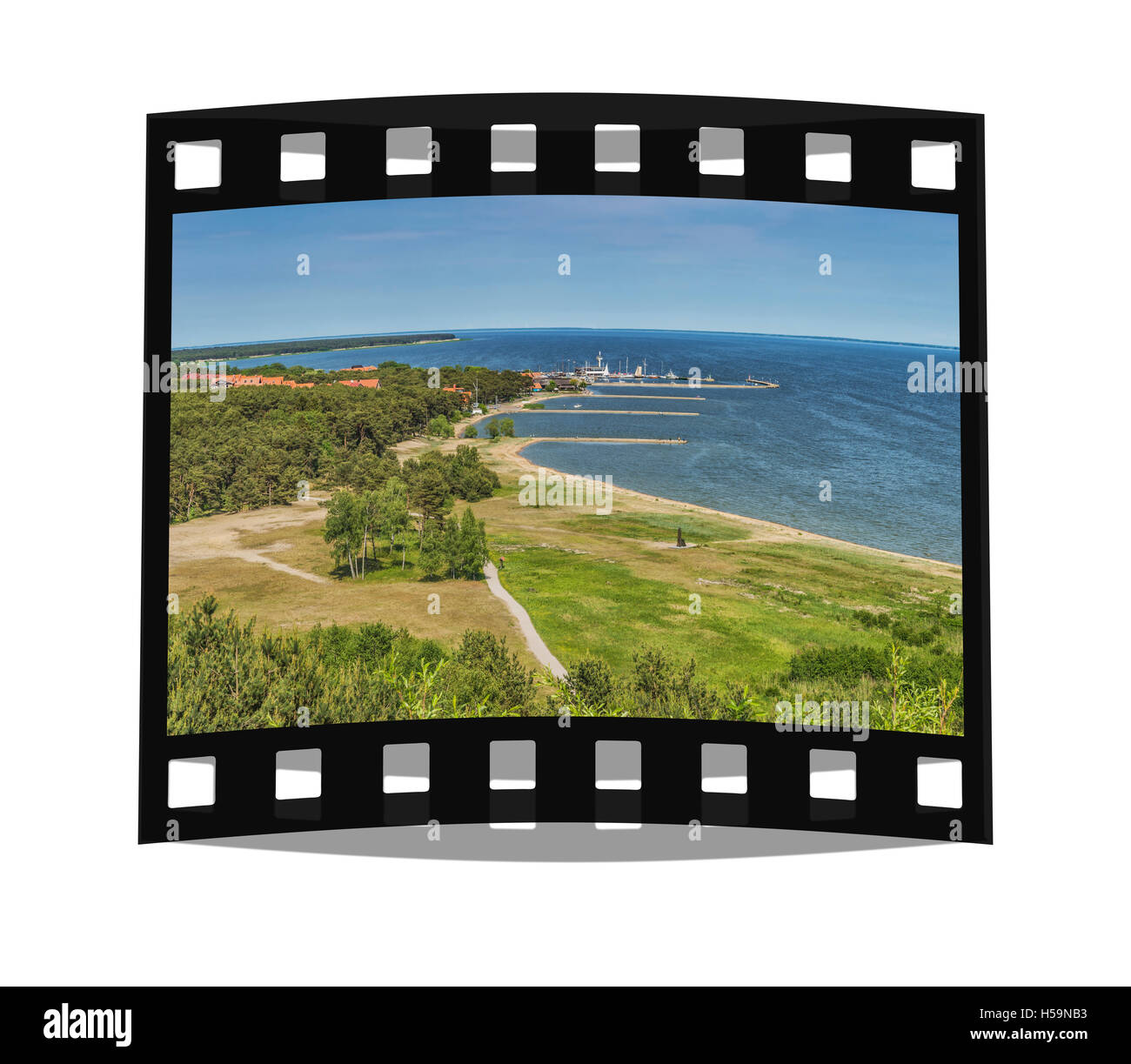 Blick von der hohen Düne auf den Hafen und das Dorf Nidden, Nida ...