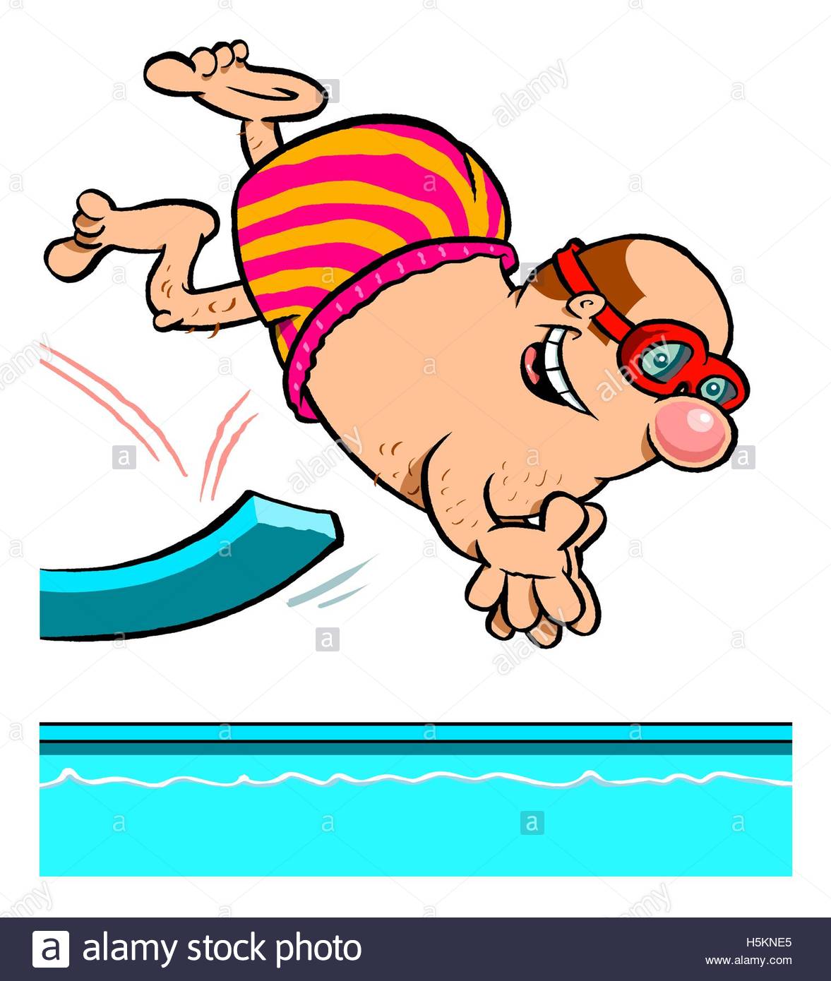 Cartoon Karikatur Mann in Badehose und Schwimmbrille Tauchen Brett ins ...