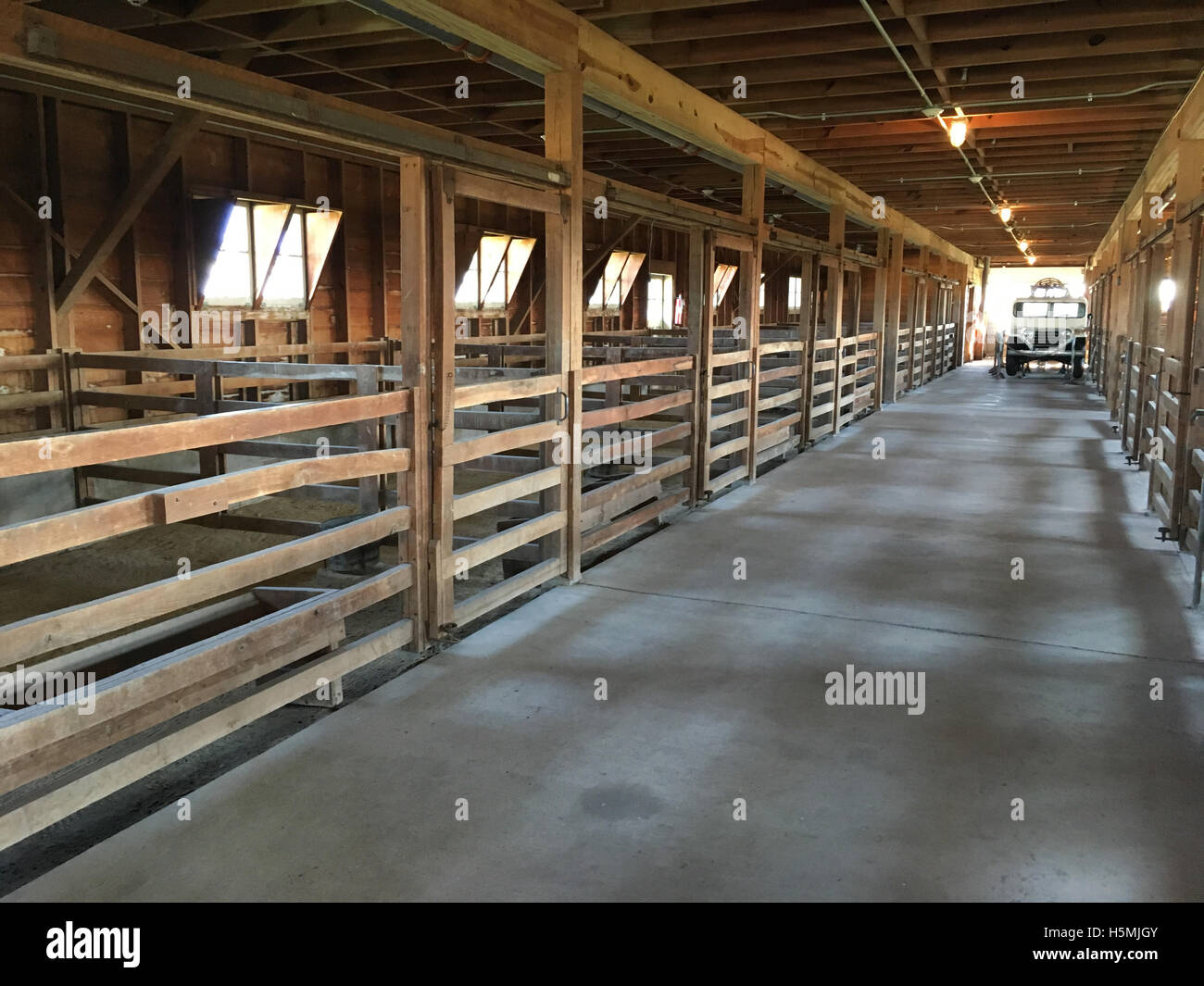 Innenraum einer alten Scheune, mit hölzernen Ständen und einem Betonboden Stockfotografie - Alamy