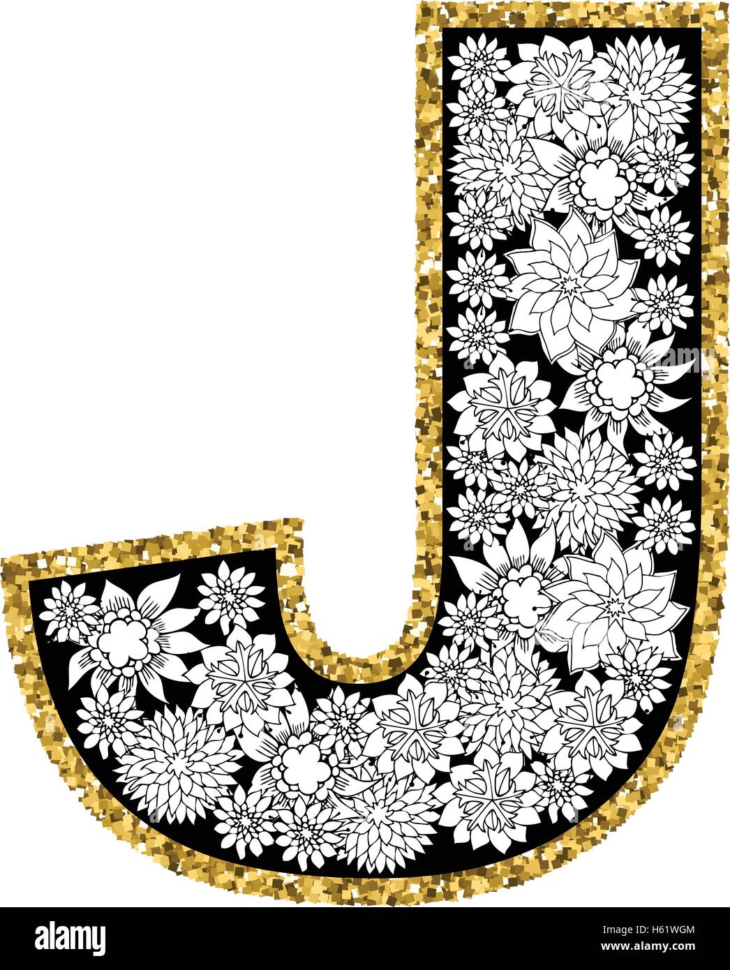 Handgemalte florale Alphabet Design. Gold glitzernden Kontur. Buchstabe ...