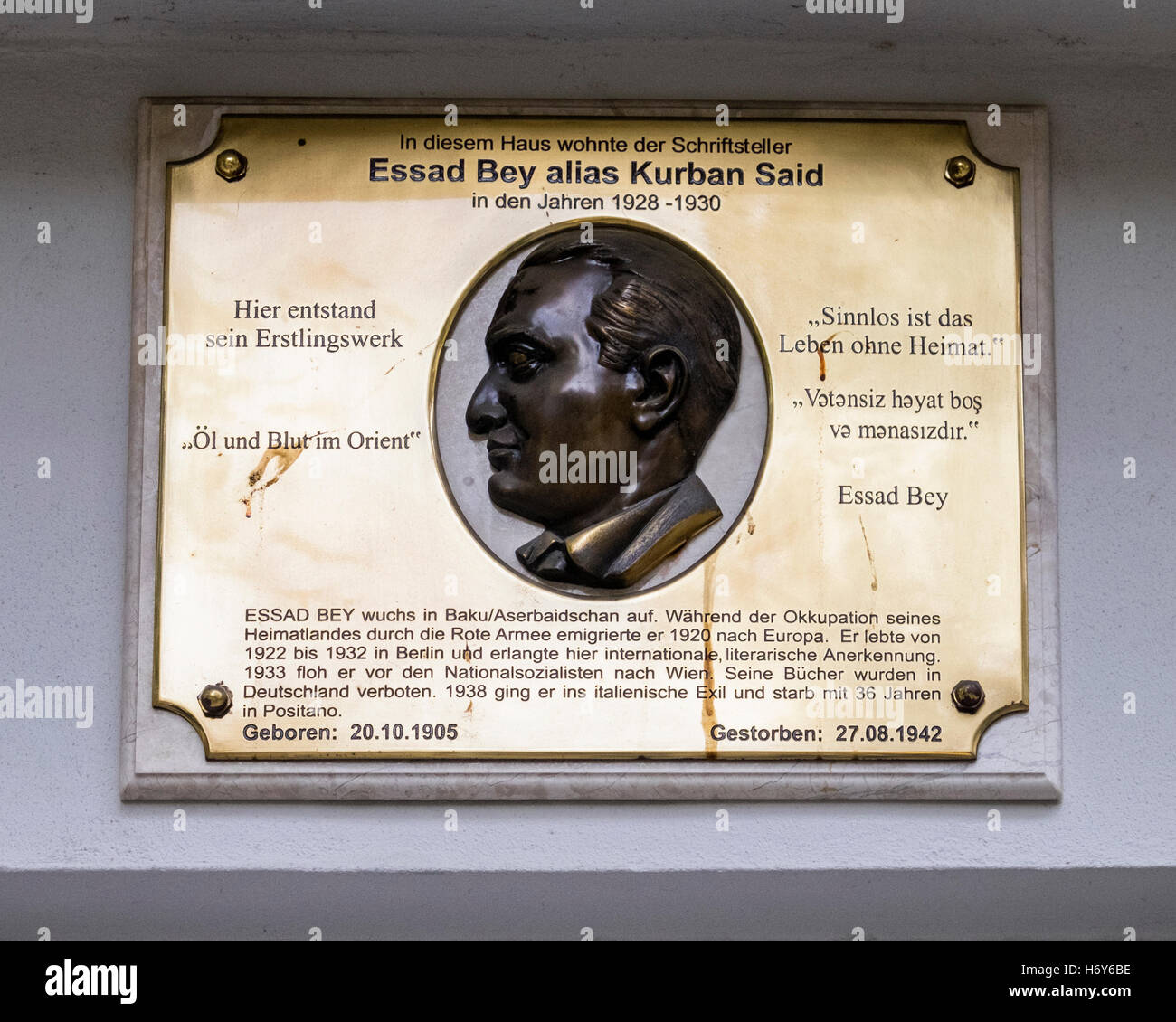 Essad Bey Alias Kurban sagte, Autor & Schriftsteller, Gedenktafel ...