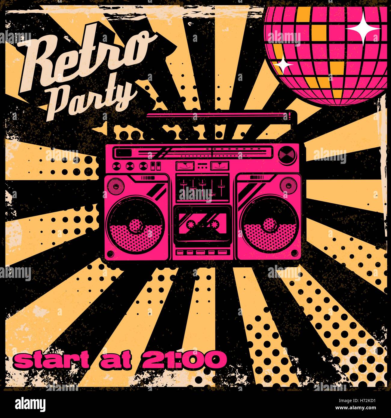 Retro-Party-Plakat-Vorlage mit Boombox auf Grunge Hintergrund. Design ...