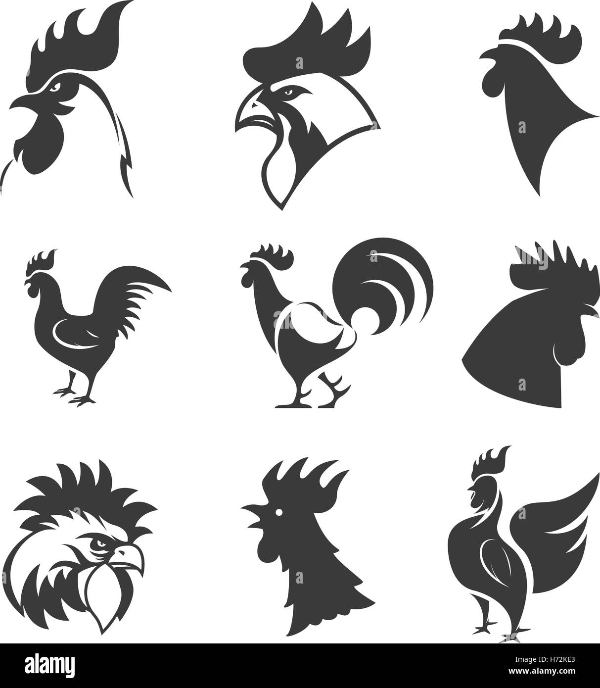Satz der Hähne Symbole. Huhn-Köpfe. Design-Elemente für Label, Emblem ...
