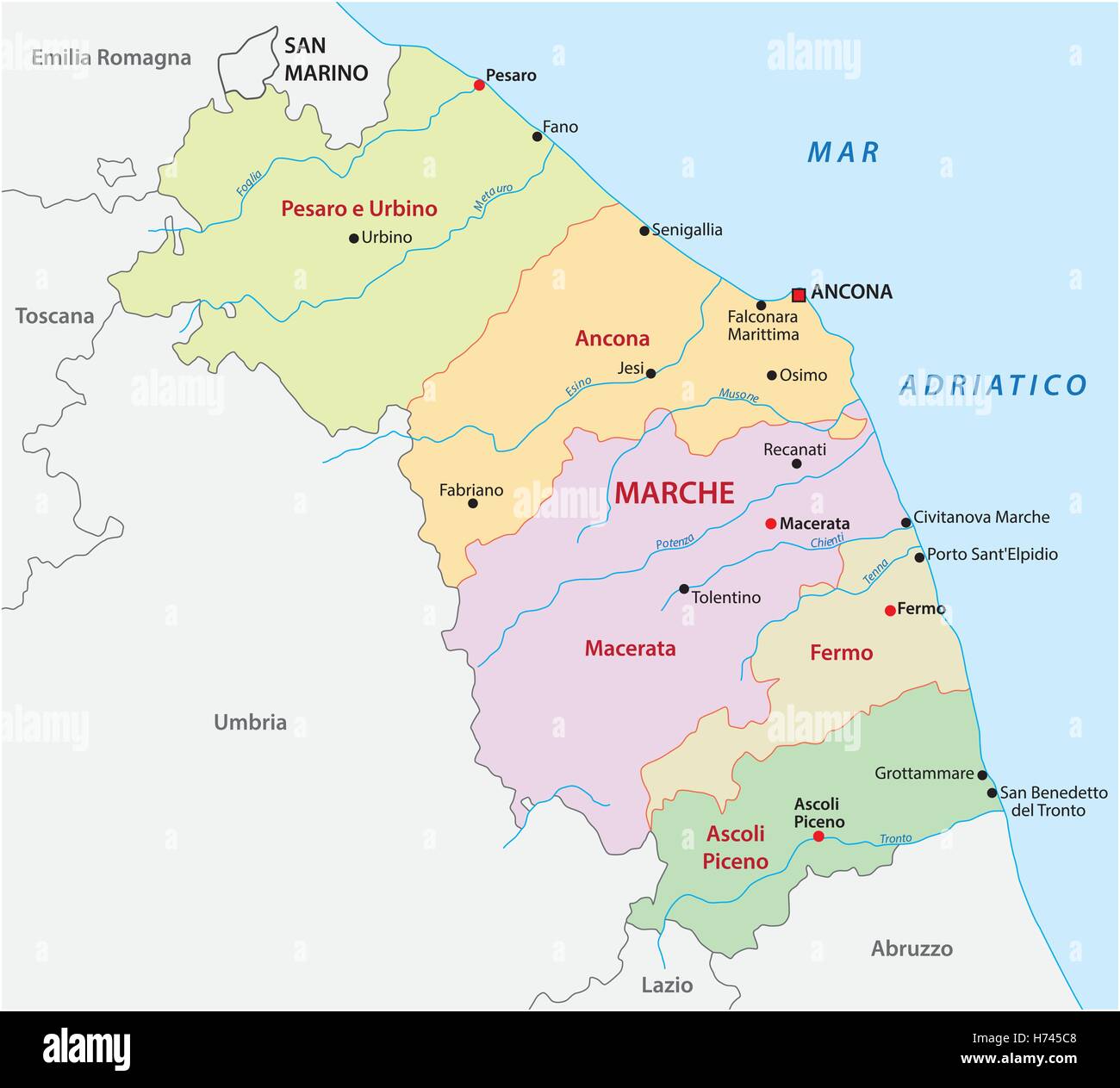 Administrative und politische Karte der italienischen Region Marken ...