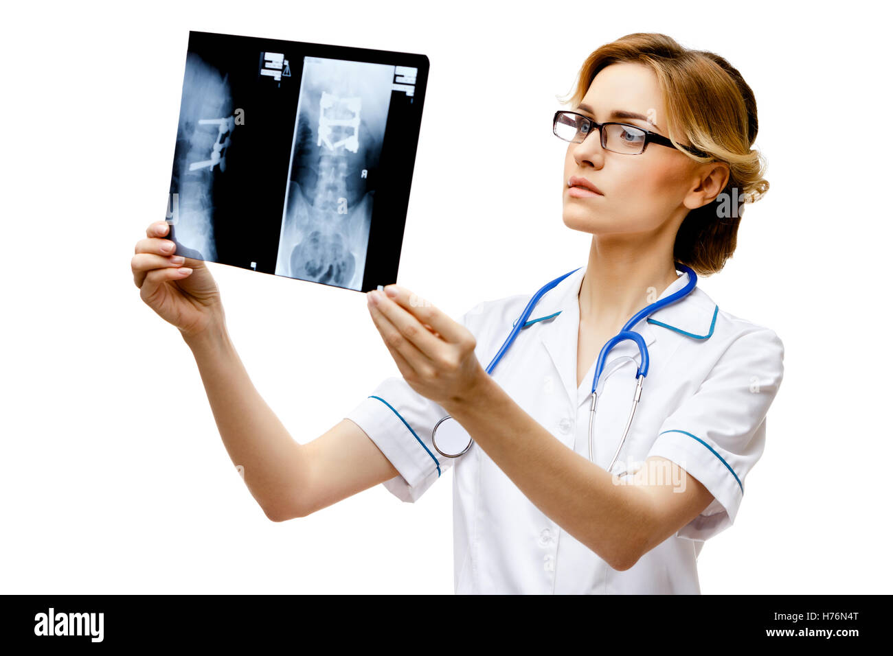 Frau Doktor steht auf weißem Hintergrund Stockfotografie - Alamy