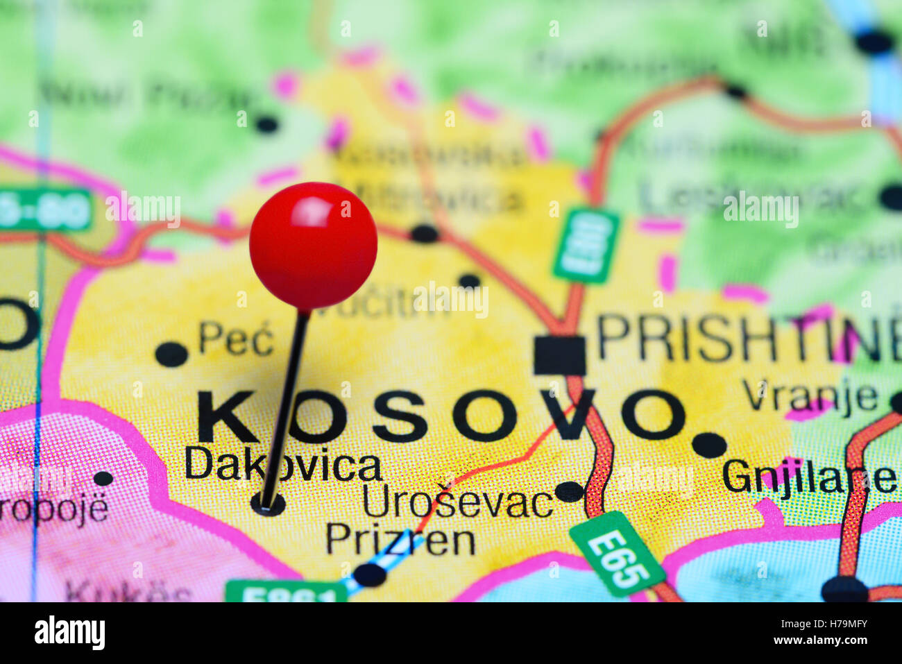 Dakovica, fixiert auf einer Karte von Kosovo Stockfotografie - Alamy