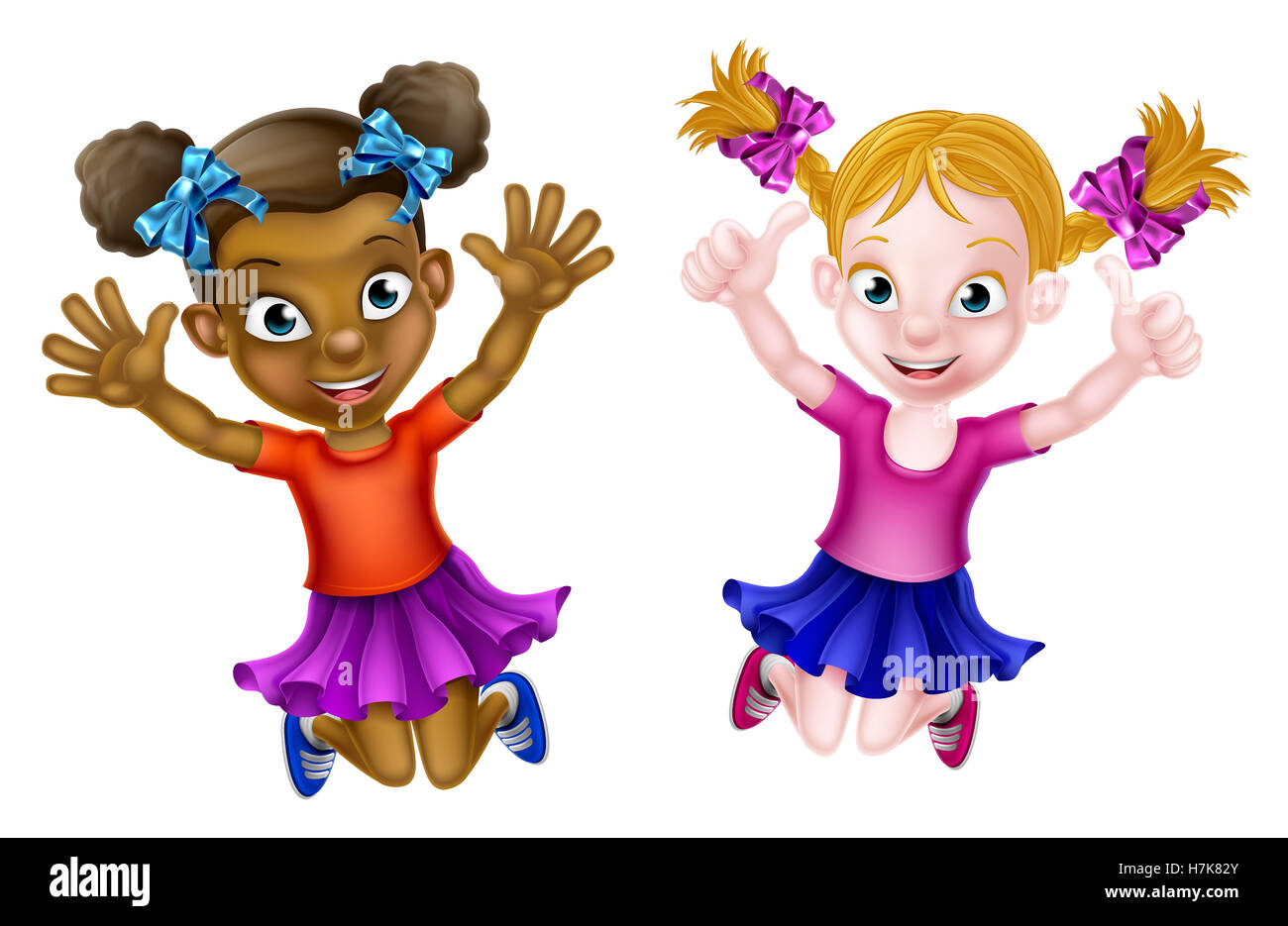 Junge Mädchen glücklich Cartoon, eine schwarze und eine weiße, springen ...