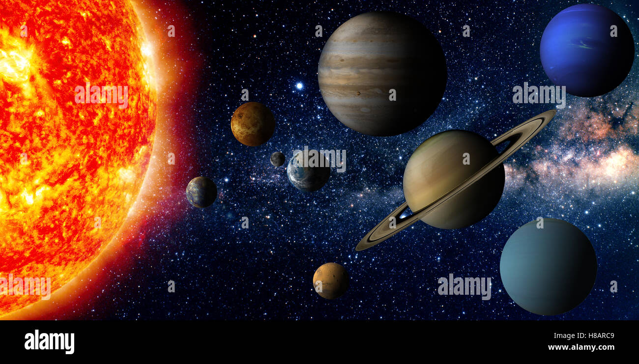 Die Sonne und acht Planeten unseres Systems im Orbit Stockfotografie ...