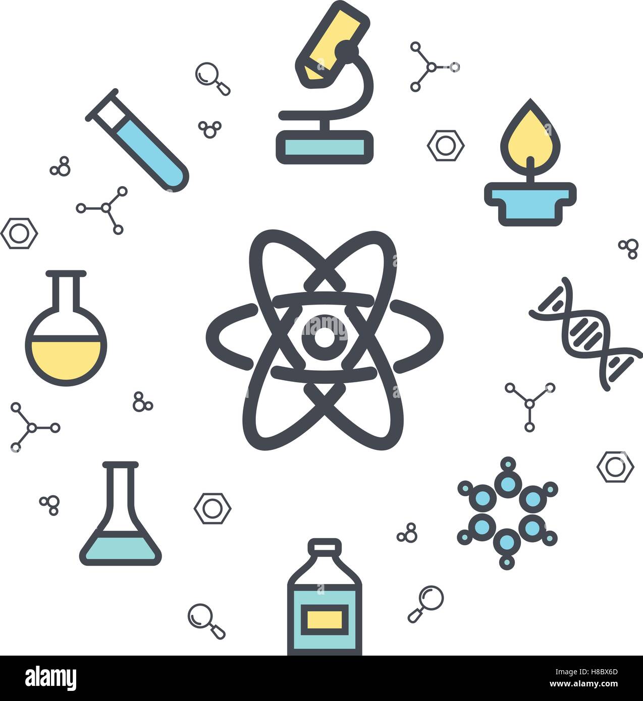 Wissenschaft-Linie flach Symbole. Chemische Symbole. Kreis-Hintergrund ...