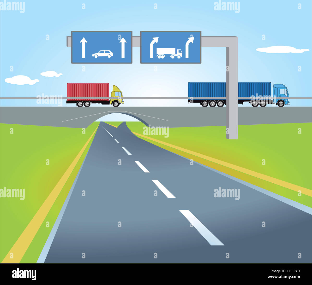 Autobahn mit Verkehrszeichen, LKW, LKW, route Stockfotografie - Alamy