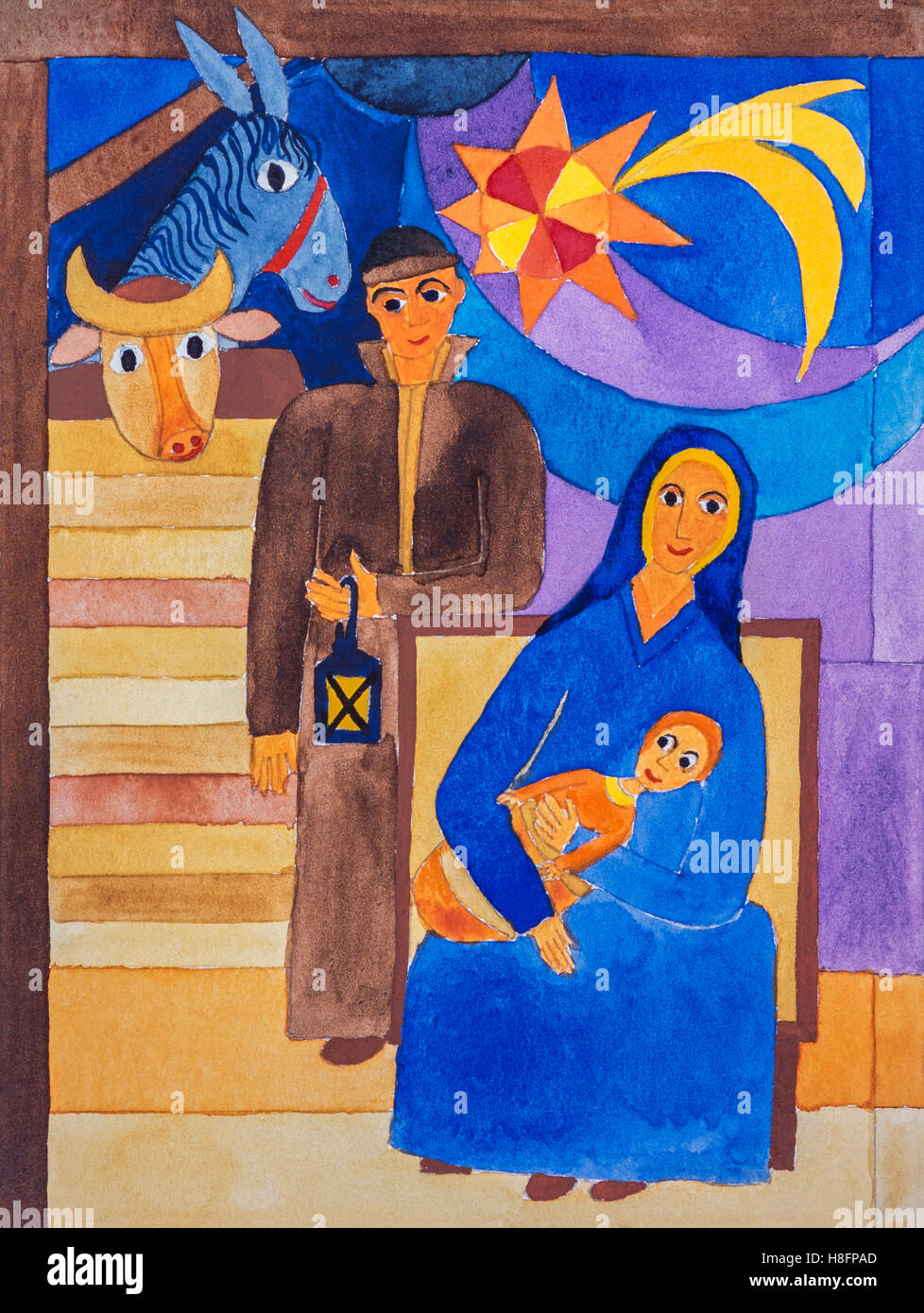 Aquarell von Heidrun Füssenhäuser. Die Heilige Familie, Maria und Josef ...