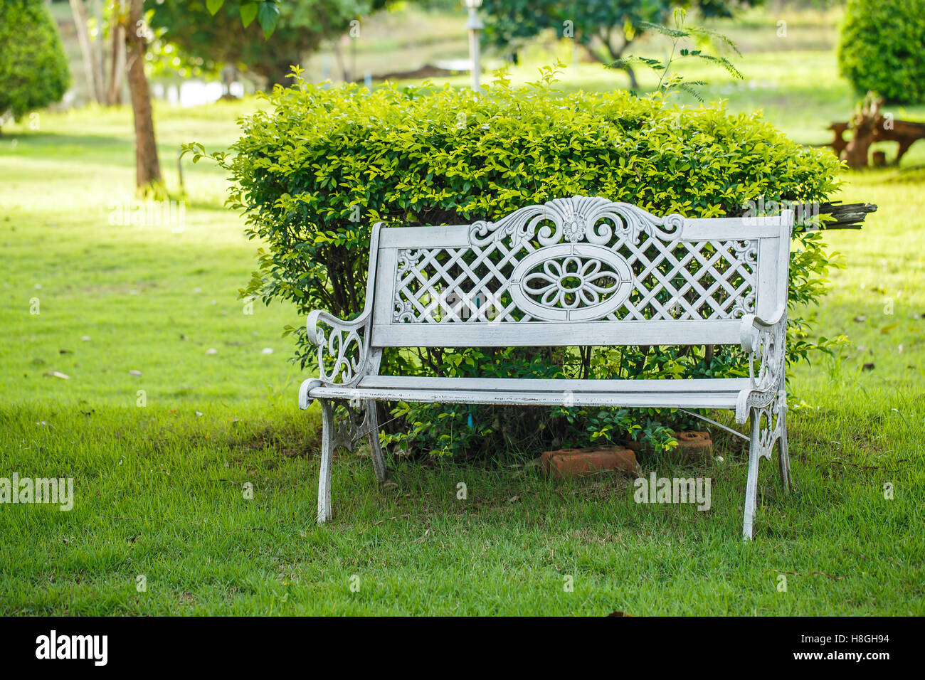 Bank im Garten mit Liegewiese Stockfotografie - Alamy