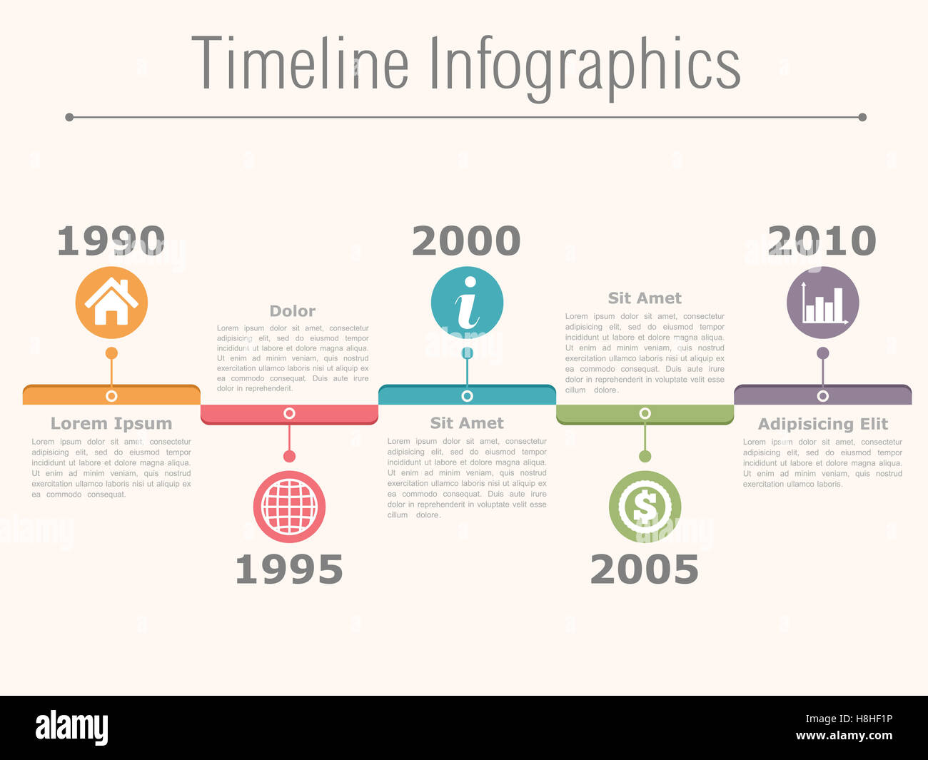 Timeline-Infografiken Designvorlage mit Terminen, Symbole und text ...