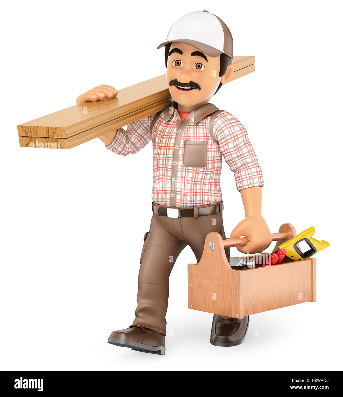 arbeitenden Menschen 3D-Illustration. Zimmermann zu Fuß mit Holzbrett ...