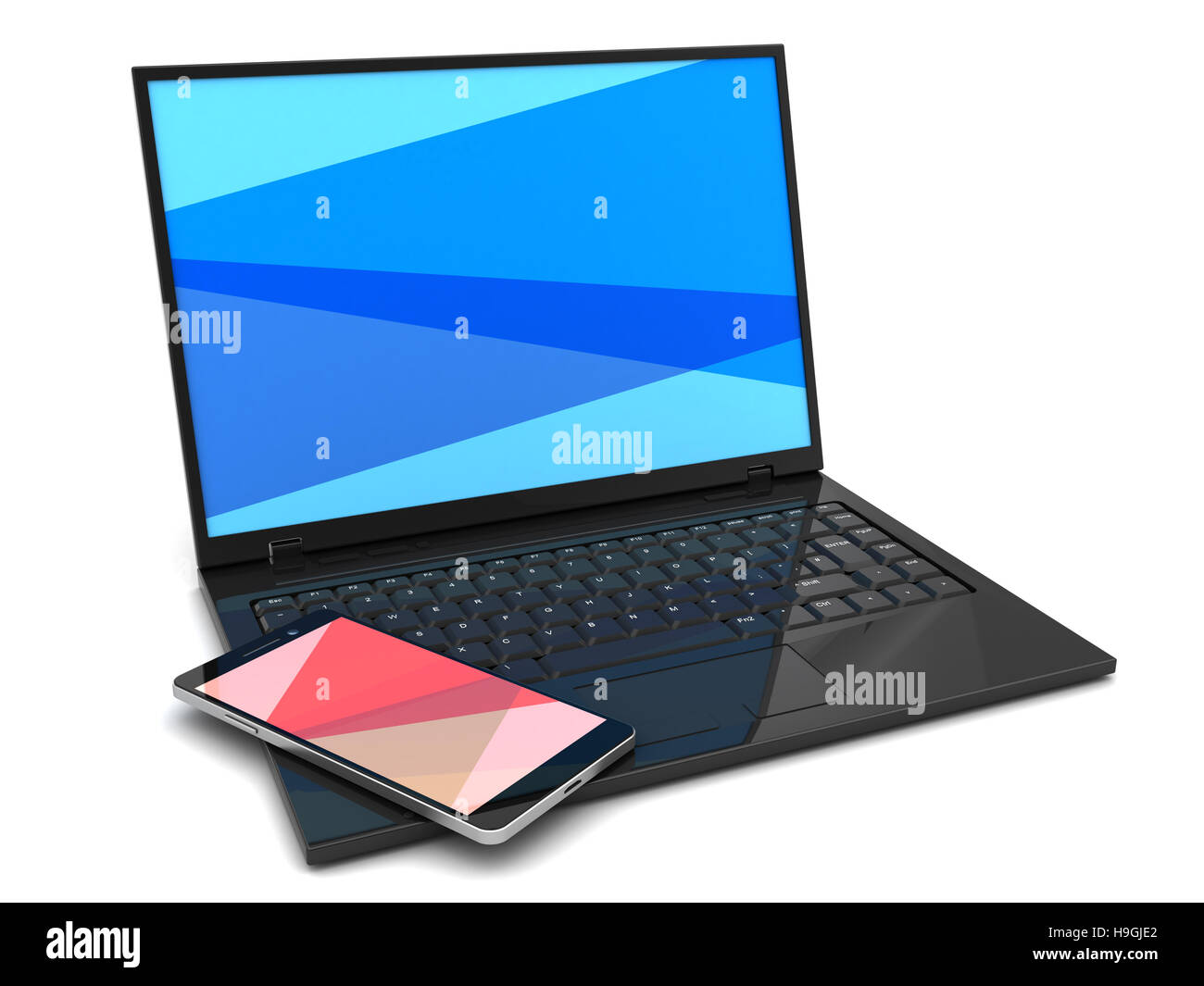 3D Abbildung des Laptop-Computer und Handy auf weißem Hintergrund ...