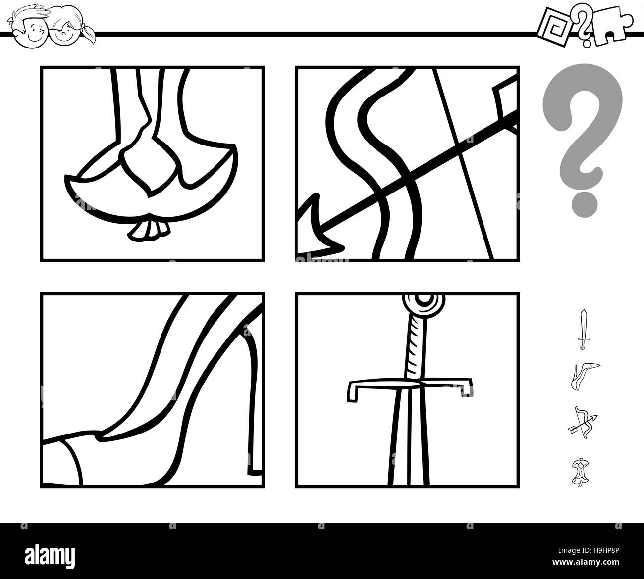 Schwarz / Weiß Cartoon Illustration der Lernaktivität Aufgabe erraten ... Schwarz / Weiß Cartoon Illustration der Lernaktivität Aufgabe erraten ...