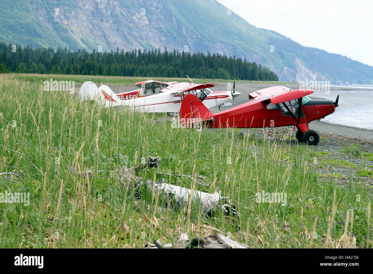 Im Lake Clark National Park landen Flugzeuge am Strand der Chinitna Bay ...