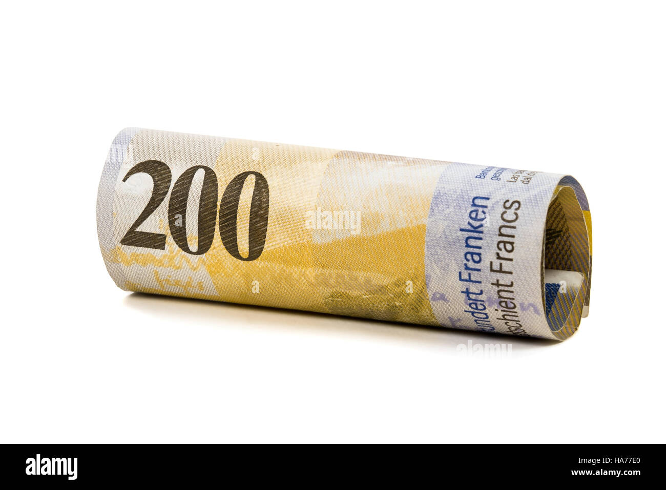 Gerollte 200 Schweizer Franken Banknoten isoliert auf weißem ...