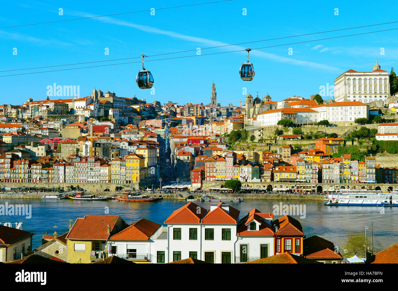 Skyline von Porto mit Seilbahn und bestehenden Fluss. Portugal ...