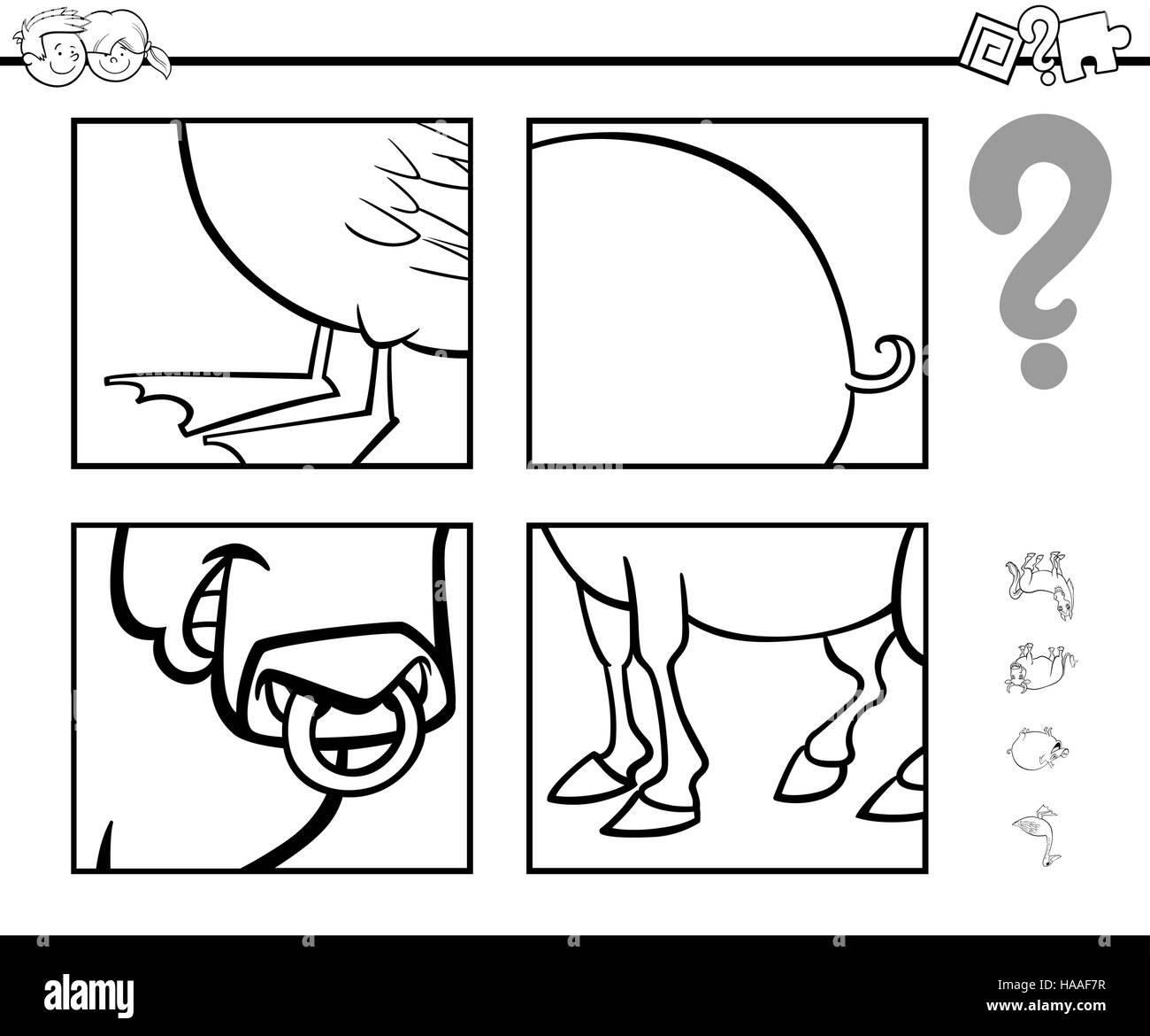 Schwarz / Weiß Cartoon Illustration der Lernaktivität Aufgabe erraten ... Schwarz / Weiß Cartoon Illustration der Lernaktivität Aufgabe erraten ...