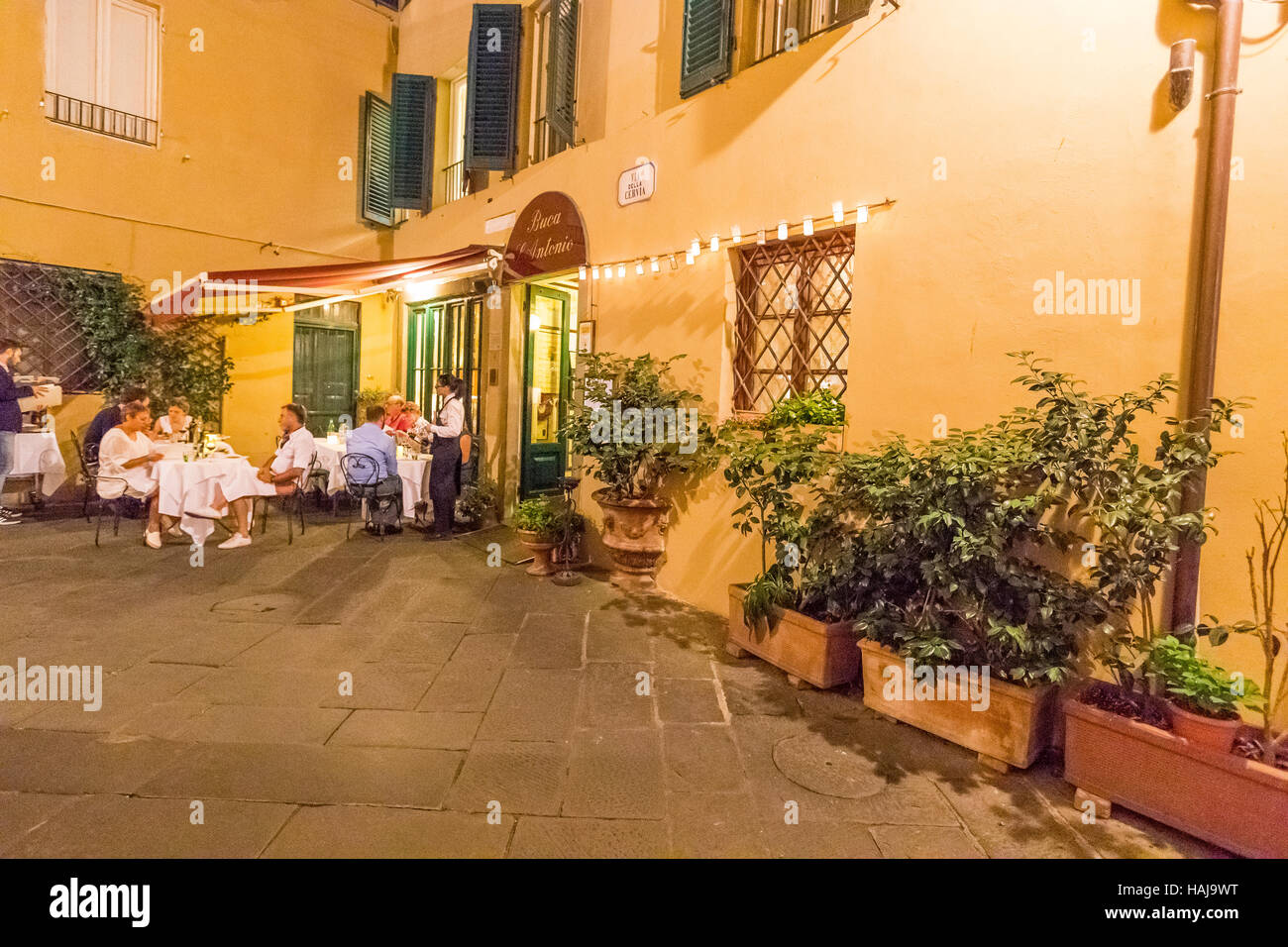 Kleines Cafe in einer Ecke auf einem öffentlichen Platz. Stadt Lucca ...