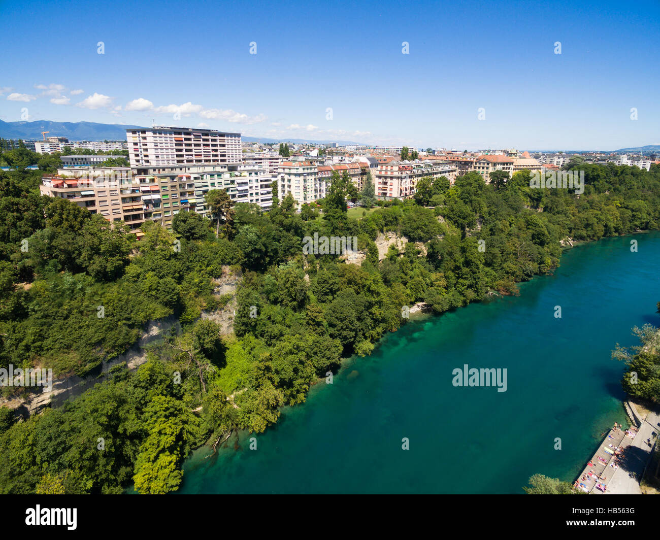 Luftaufnahme der Arve eine Rhone Fluss Zusammenfluss in Genf Schweiz ...
