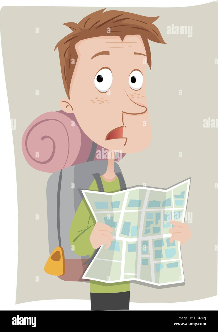 Cartoon verwechselt Backpacker Touristen im Besitz Karte Stock ...