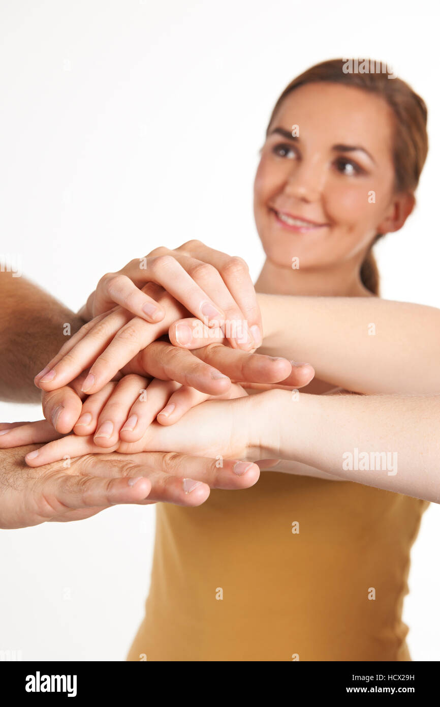 Friends hands together teamwork unity -Fotos und -Bildmaterial in hoher ...