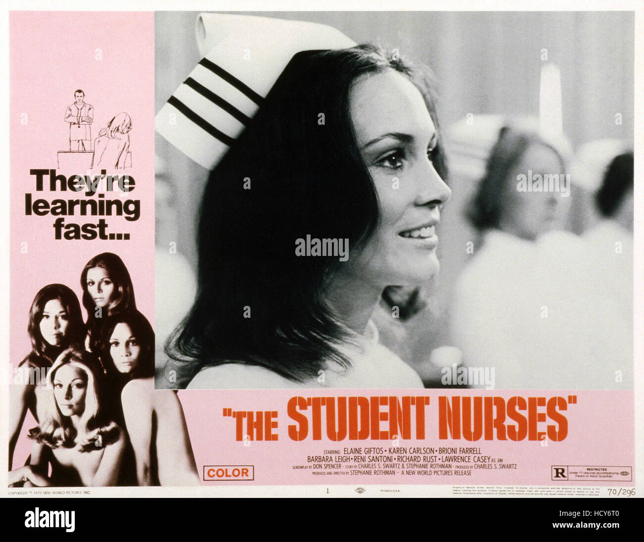 DER STUDENT NURSES, US Lobbycard, im Uhrzeigersinn von unten links: Karen Carlson, Brioni ...