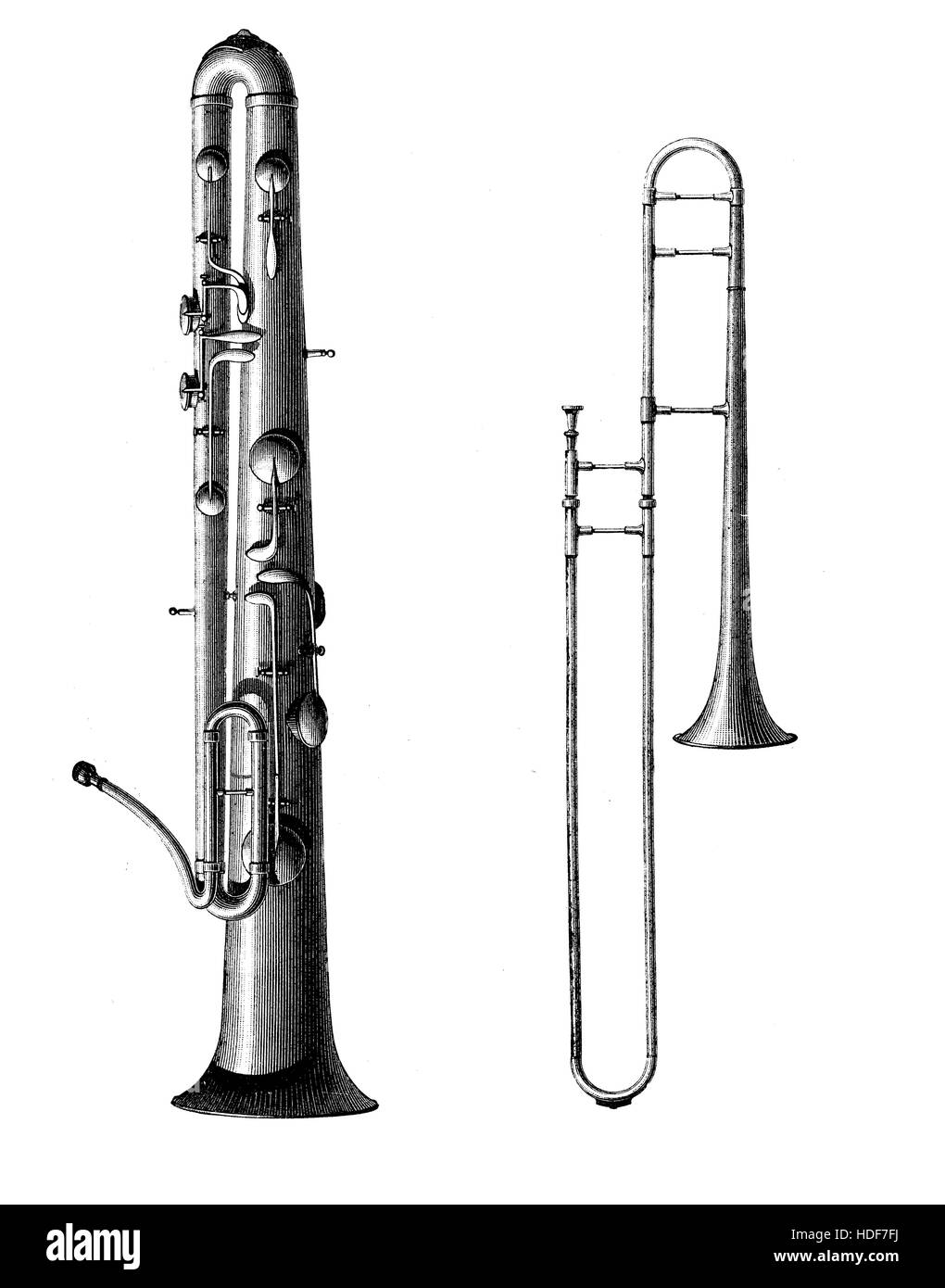 Messing-Musikinstrumente, Ophikleide (Tuba) und Posaune, XIX ...