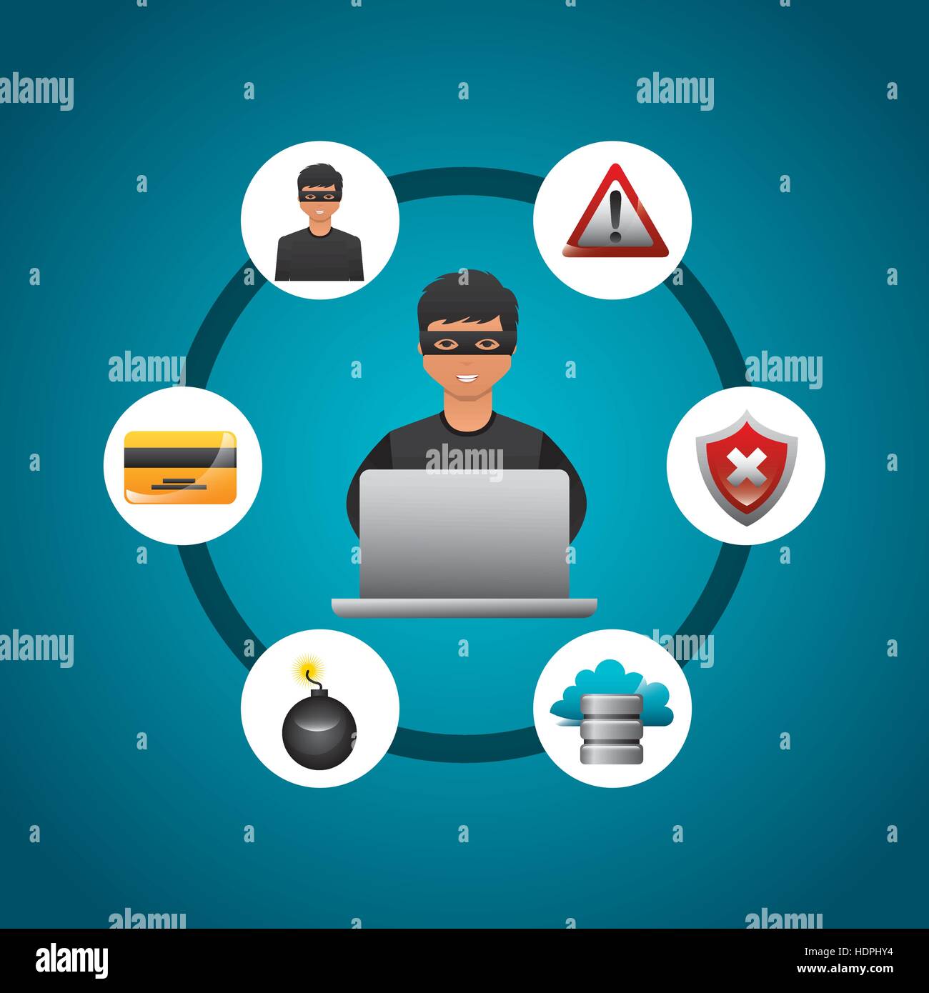Cartoon-Hacker-Mann mit Cyber-Security-Symbole um. farbenfrohes Design ...
