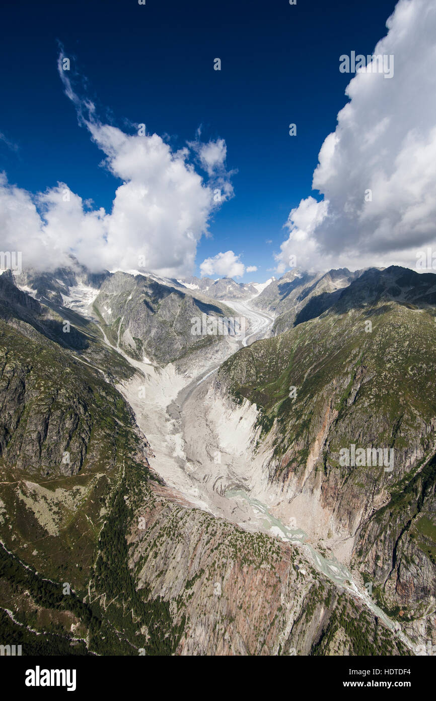 Luftbild, Gletscherzunge mit Endmoräne, Fiescher Gletscher, Schweizer ...
