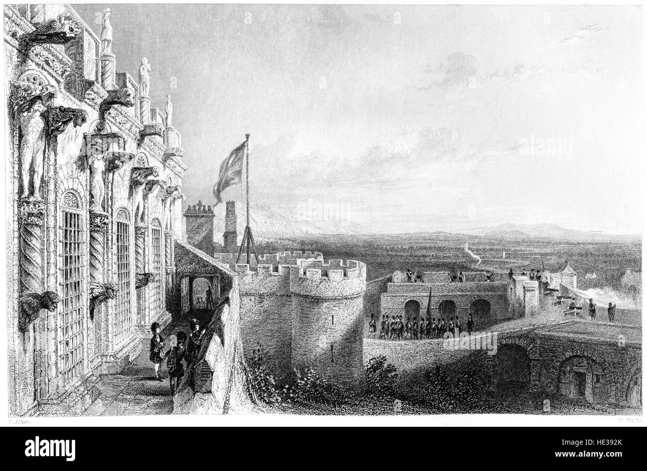 Gravur von Stirling Castle (von Wällen) mit hoher Auflösung aus einem ...