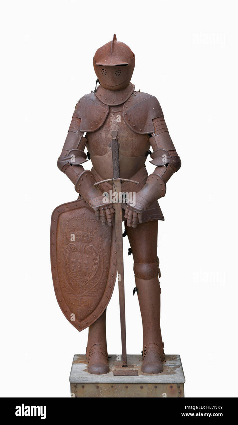 Rostige Ritterrüstung mit San Marino Wappen auf dem Schild isoliert auf ...