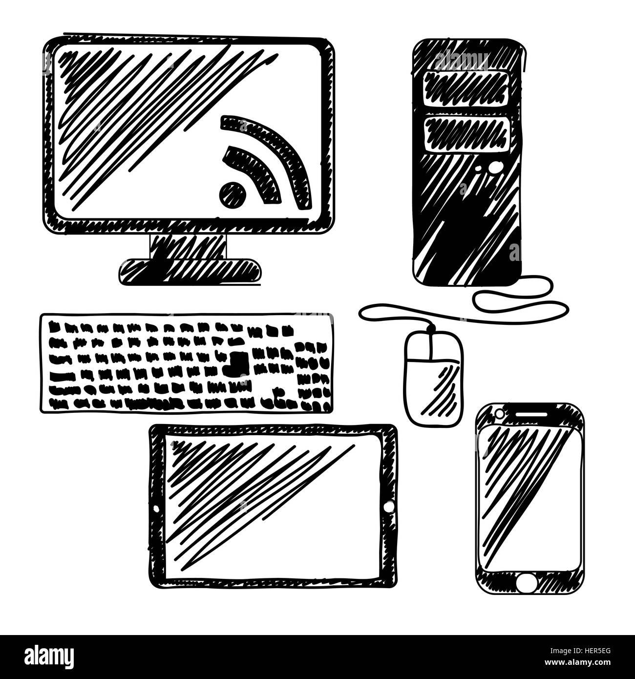 Gerät Zeichnung Bühnenbild flach. Gerät Hand gezeichnet, tablet ...