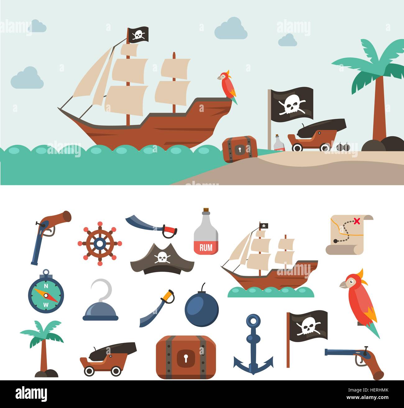 Piraten-Symbole festgelegt. Pirate Symbole flache set mit Brust Meer ...