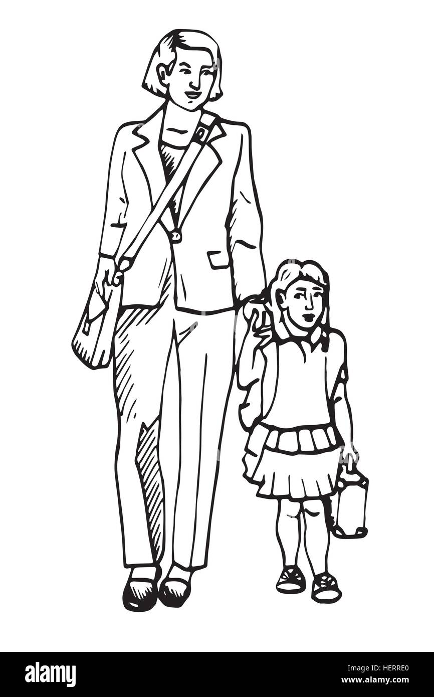 Mutter mit Tochter zur Schule gehen, hand gezeichnete Doodle, skizzieren im Pop-Art-Stil, Vektor ...