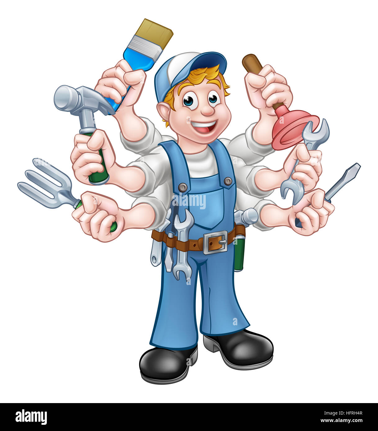Ein Cartoon Handwerker halten viele tools Stockfotografie - Alamy