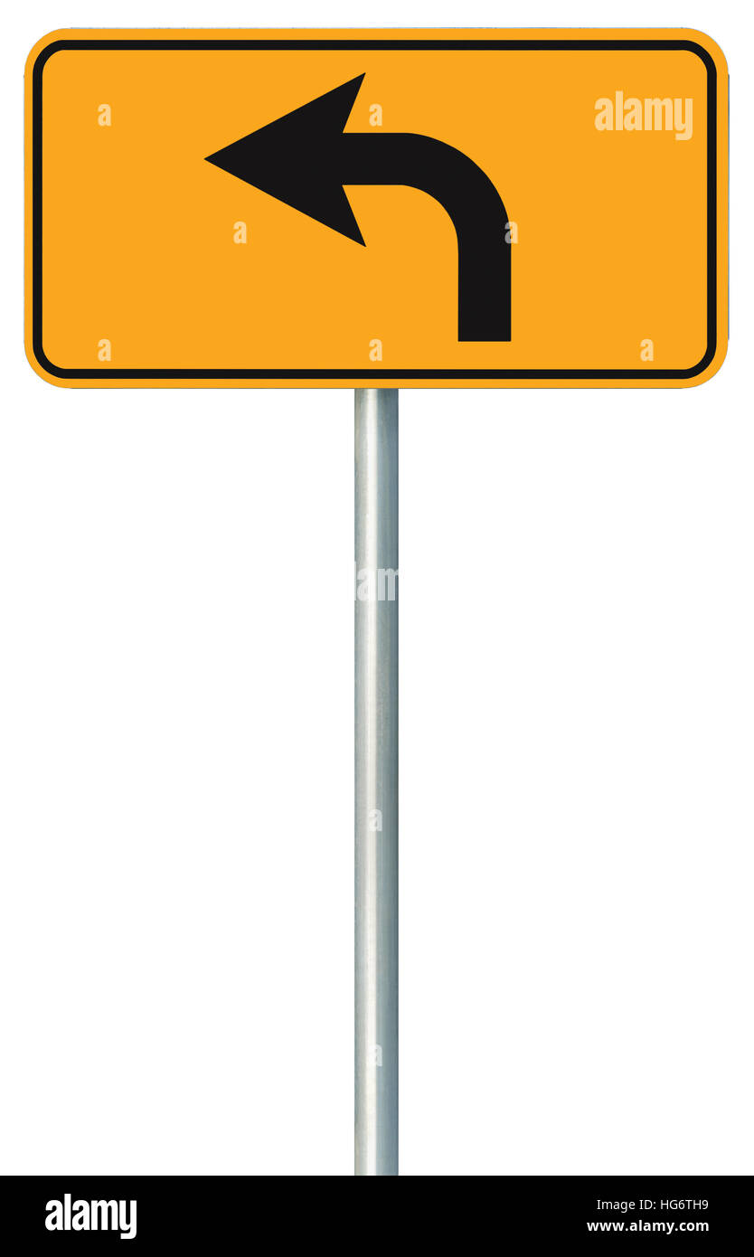 Links abbiegen vor Route Straßenschild, gelb isoliert am Straßenrand ...